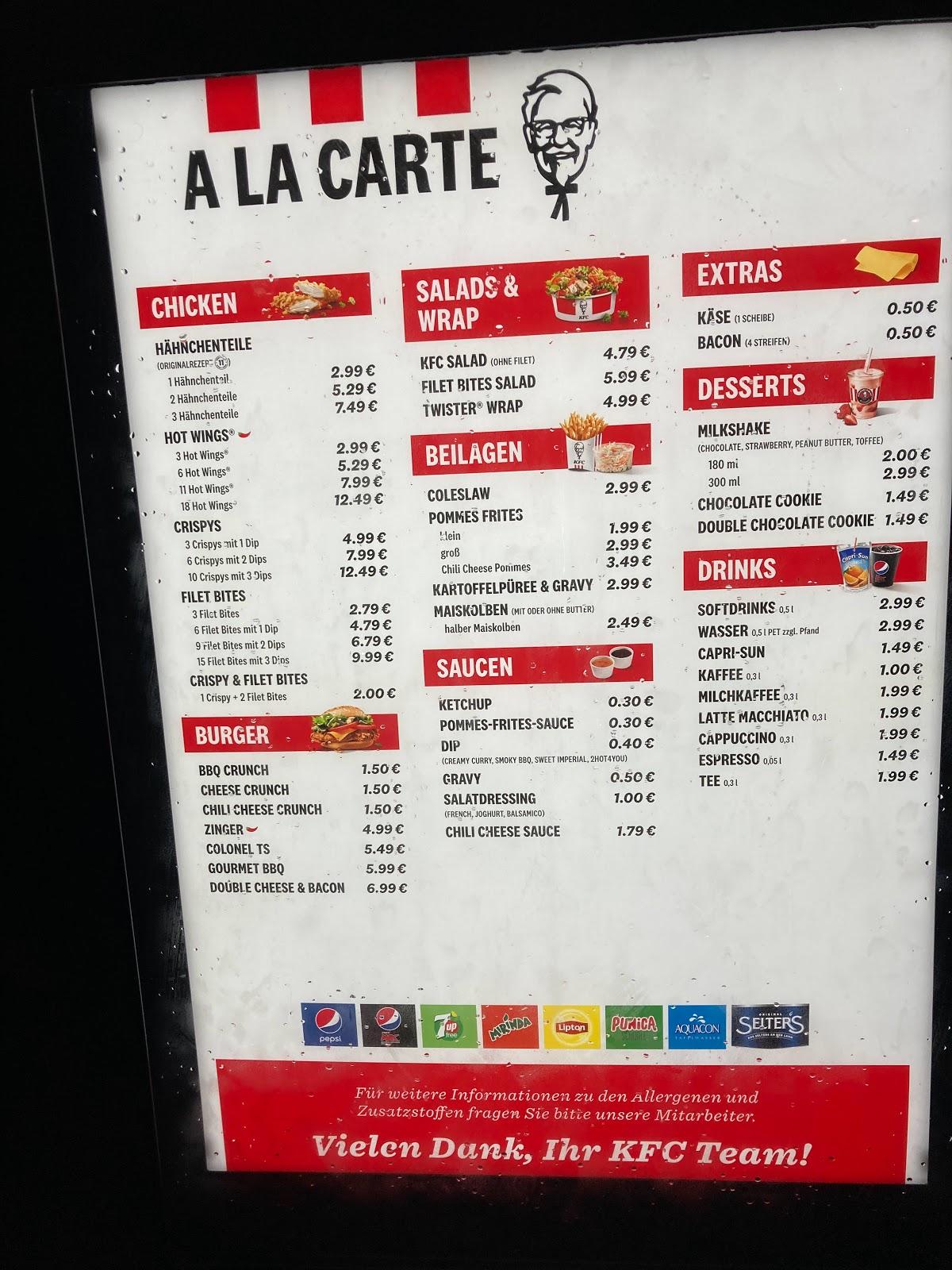 Menu at Kentucky Fried Chicken restaurant, Husum