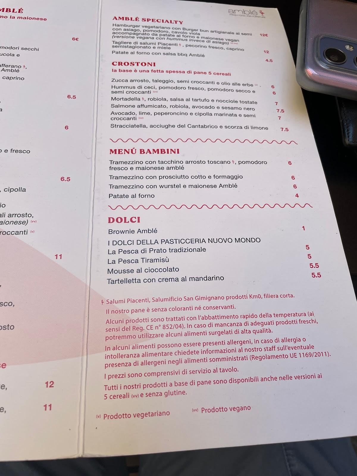 Menu da Amblé caffè bar, Firenze