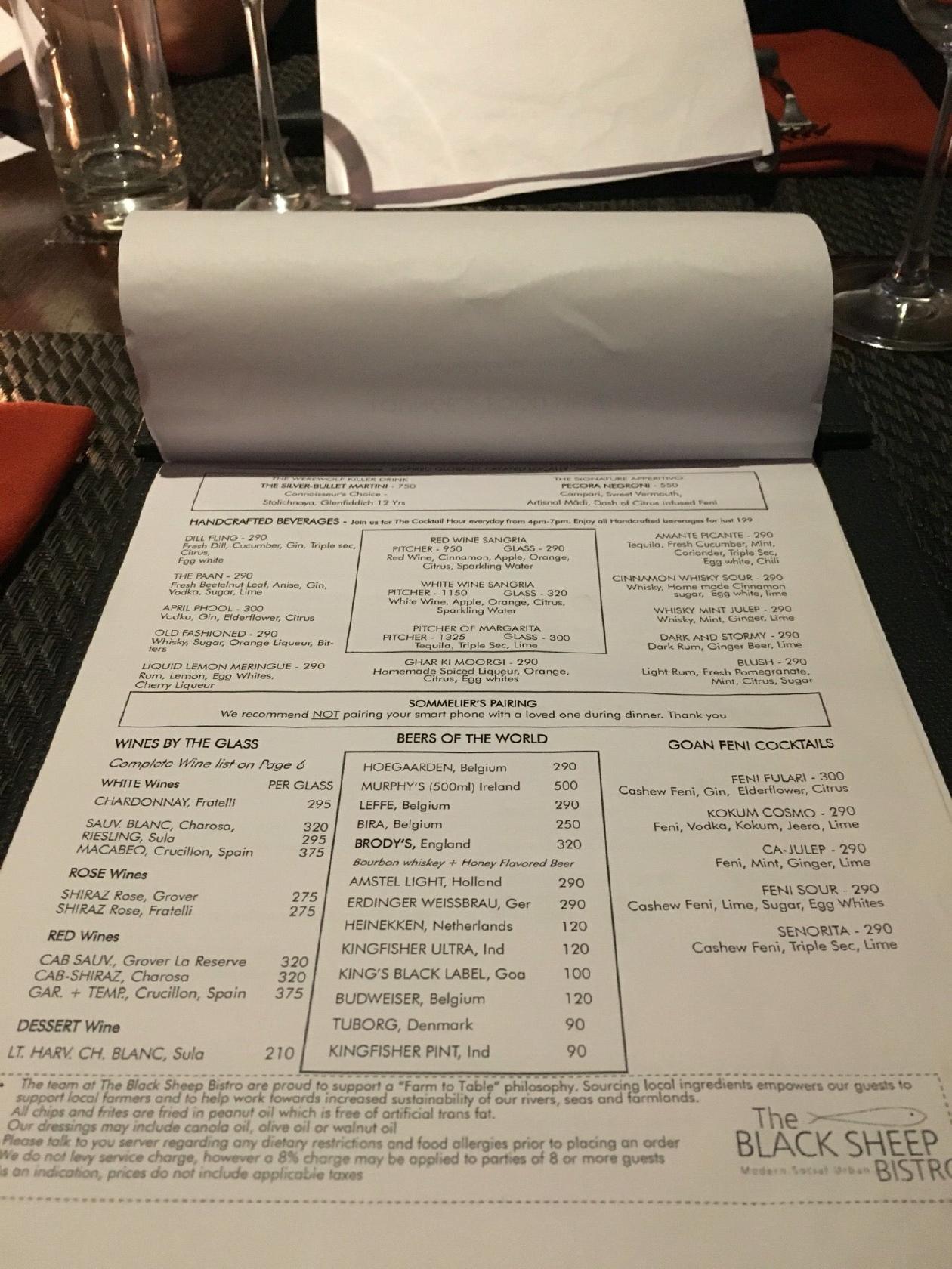 Menu at The Black Sheep Bistro, Panaji