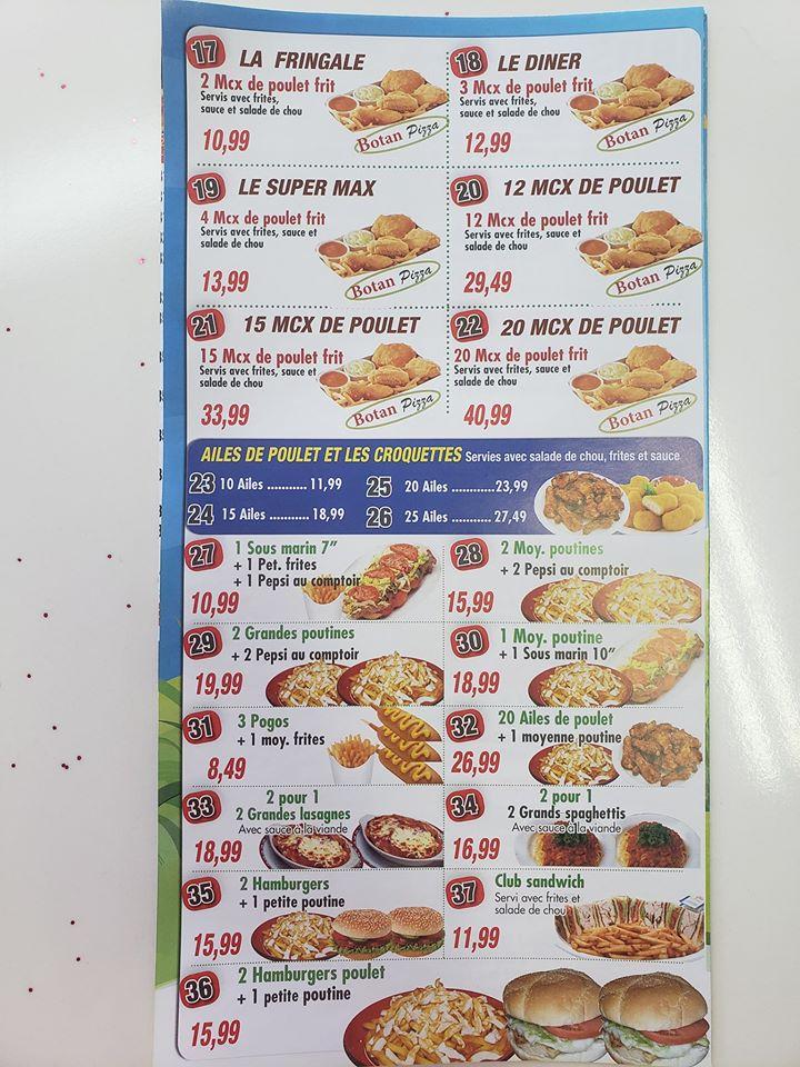 Menu au Botan Pizza restaurant, Montréal, Rue de Montigny