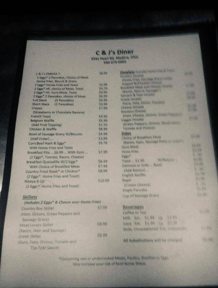 Menu at C&J's diner restaurant, Brunswick