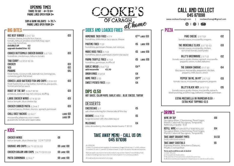Menu at Cooke's of Caragh pub & bar, Carragh