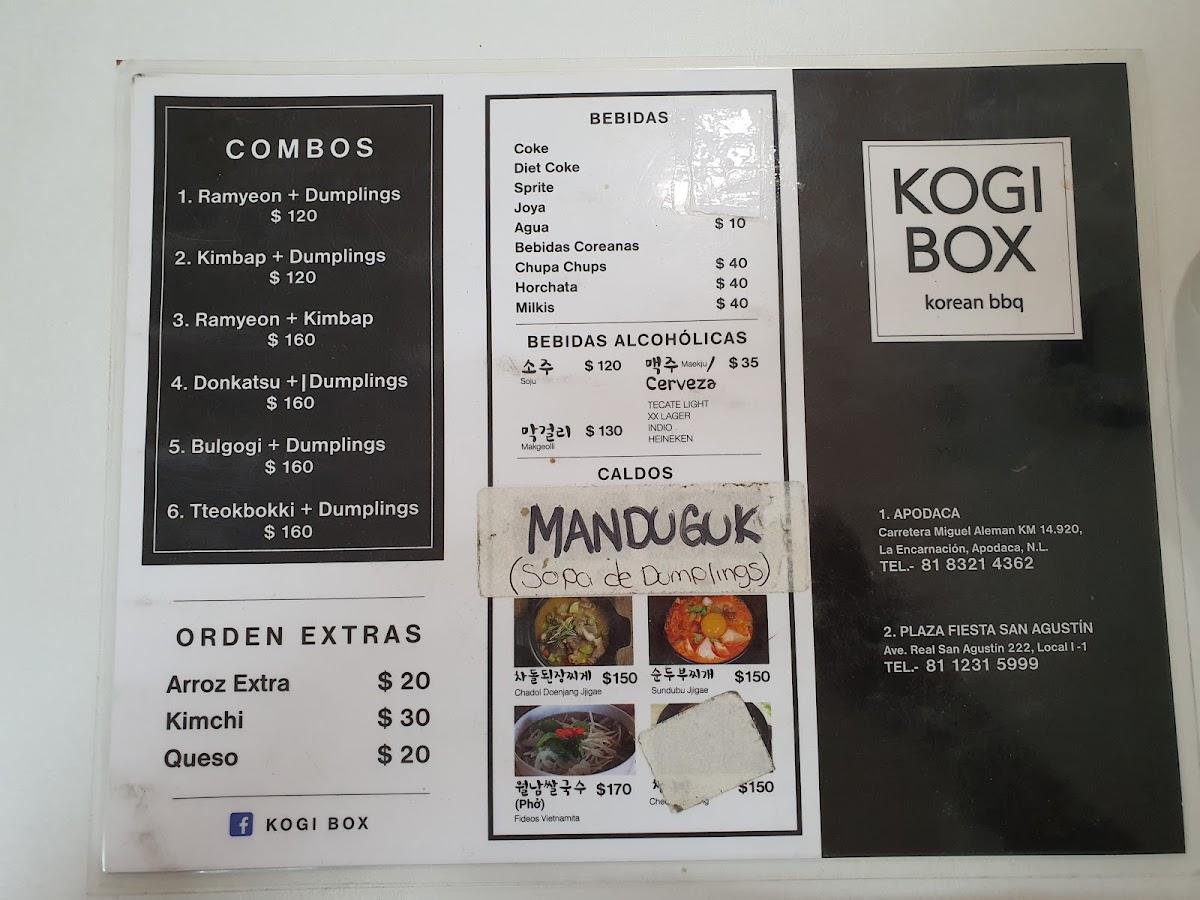 Menu at Kogi box restaurant, Ciudad Apodaca