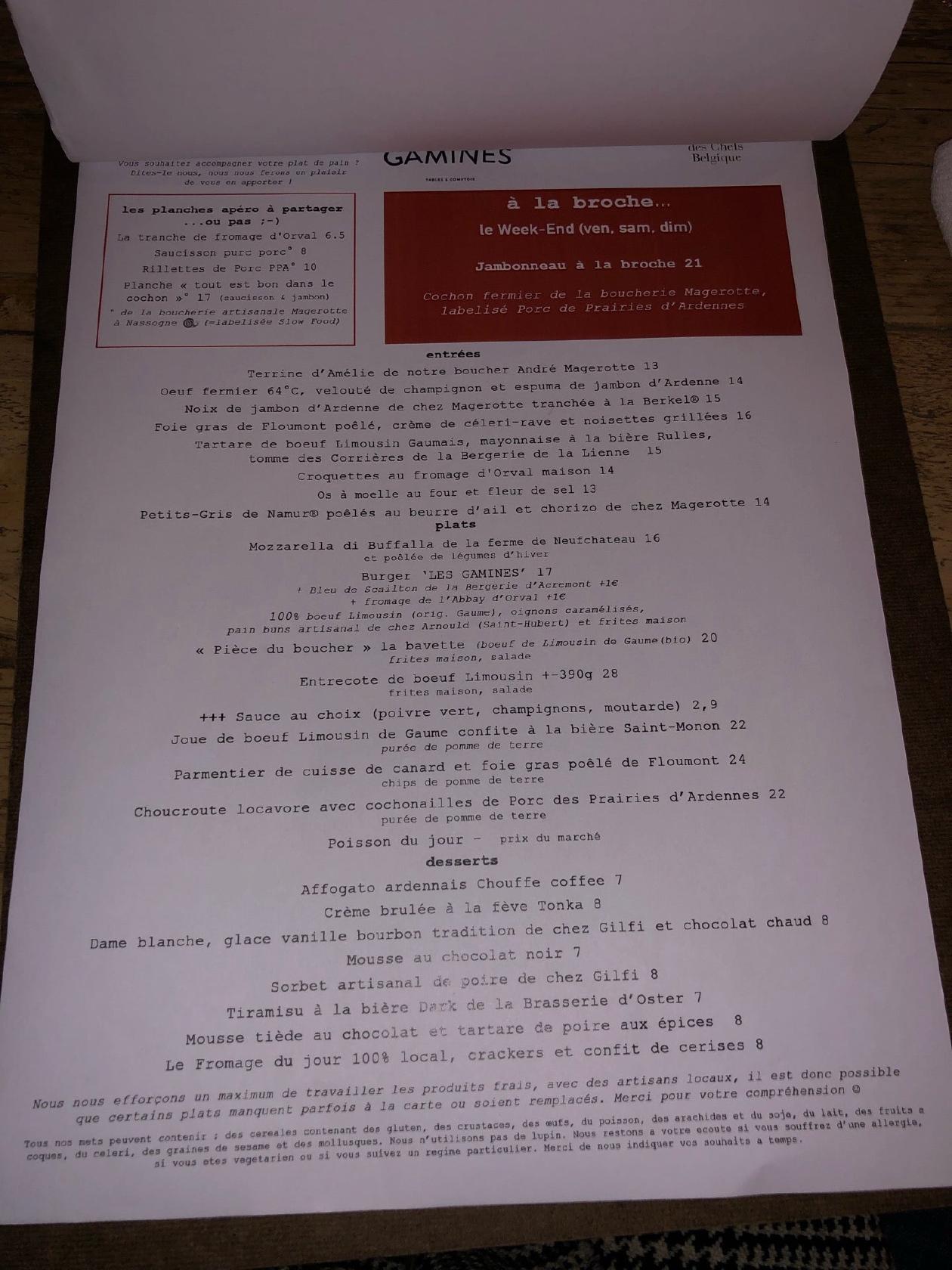Menu at Le Val de Poix, Saint-Hubert