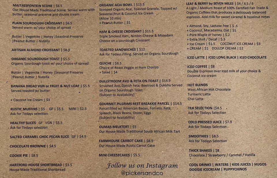 Menu at Pickers & Co cafe, Upper Coomera