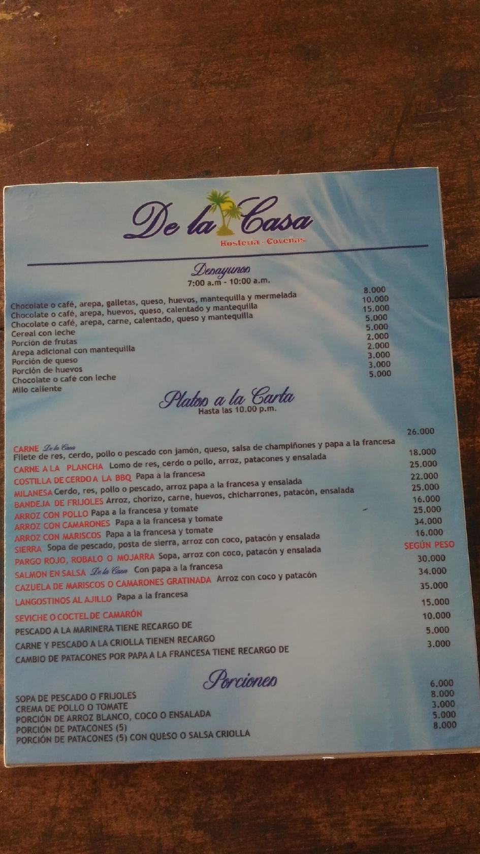 Menu at Restaurante De La Casa, Colombia, Segunda Ensenada