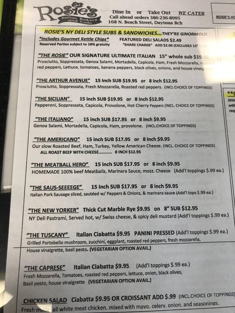 Menu at Rosie's Italian Bakery & NY Style Deli, Daytona Beach