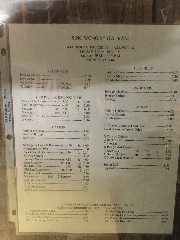 Menu at Sing Wong Restaurant, Portsmouth