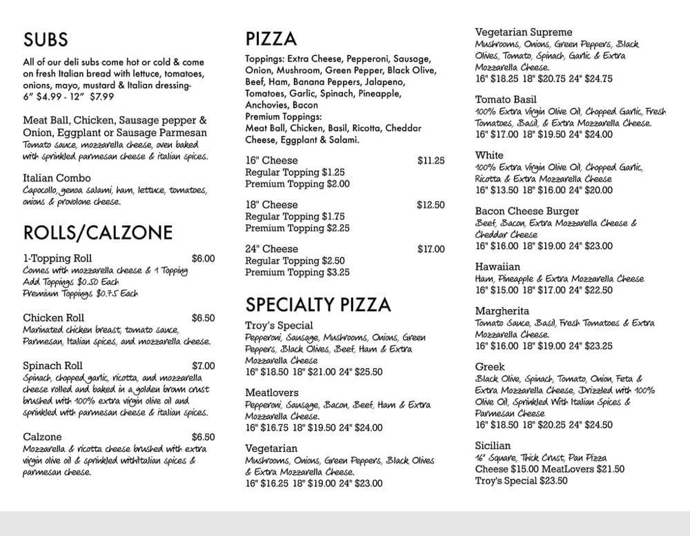 Menu at Troy's Pizzeria, Port Saint John