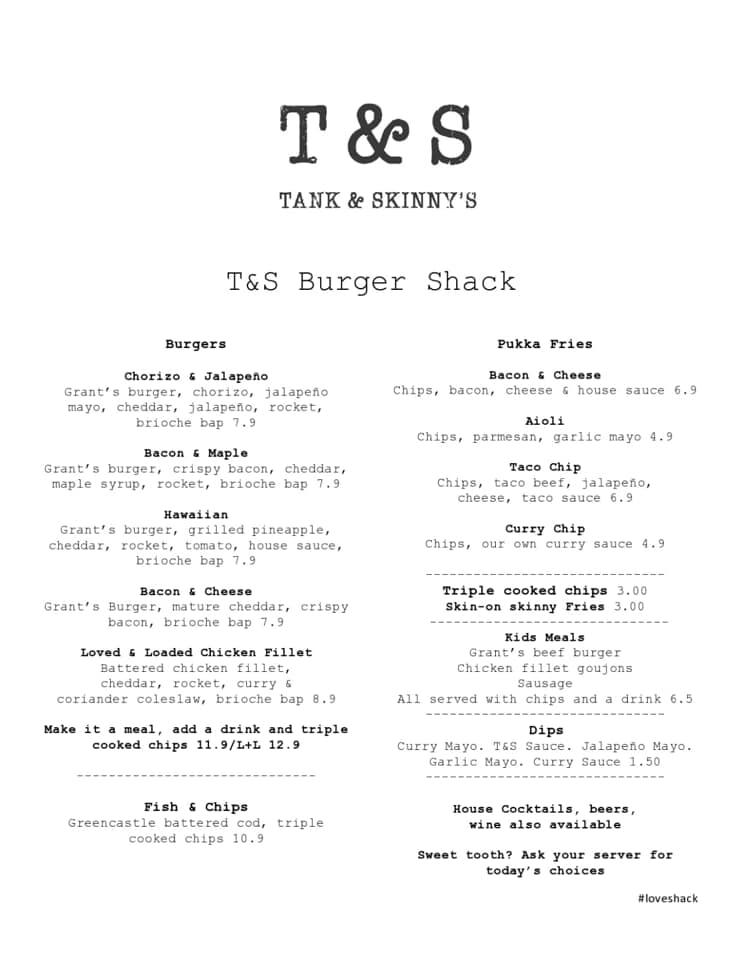 Menu at Tank and Skinny's Seaside cafe, Buncrana