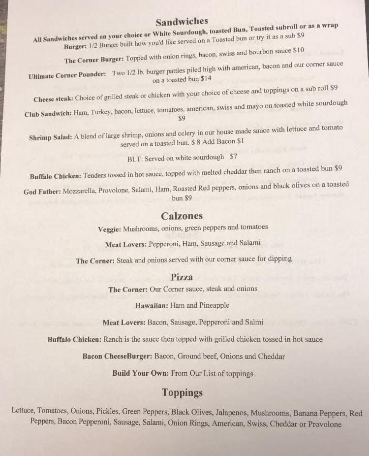 Menu at The Corner Grill pub & bar, Shady Side