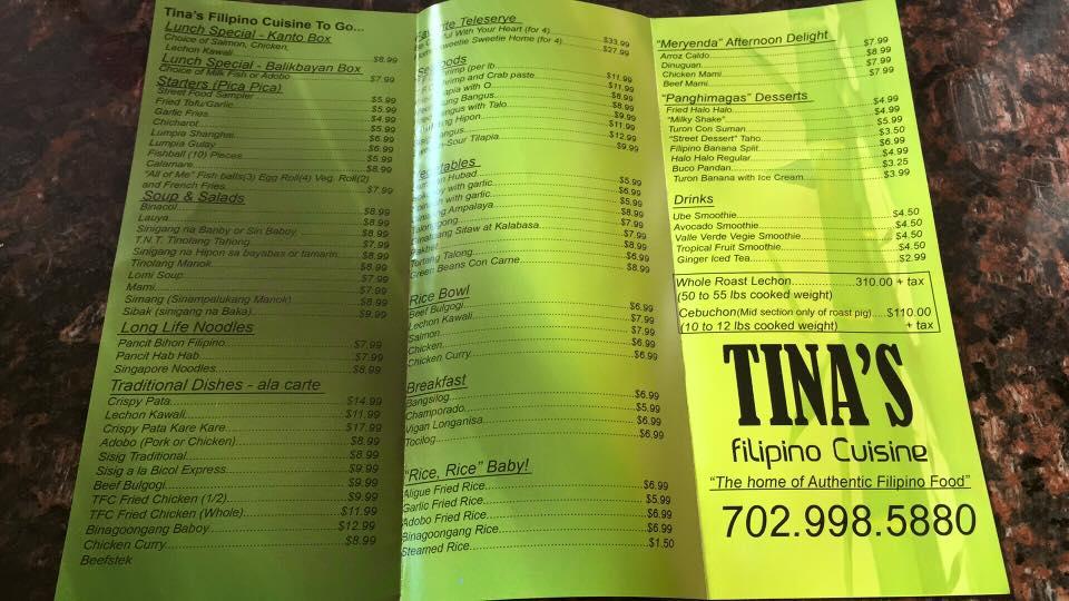 Menu at Tina's Filipino Cuisine restaurant, Las Vegas