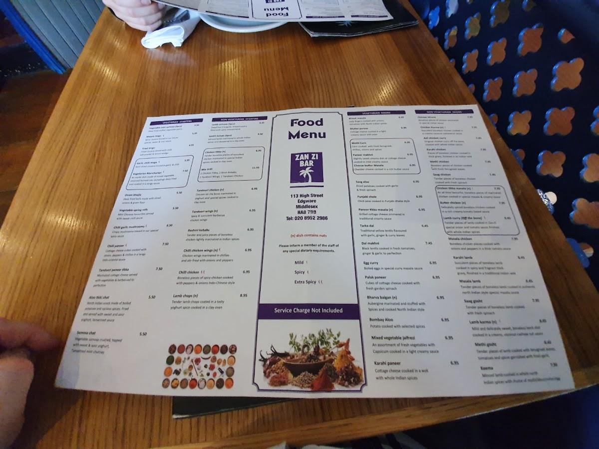 Menu at Zanzi Bar, Edgware, 113 High St