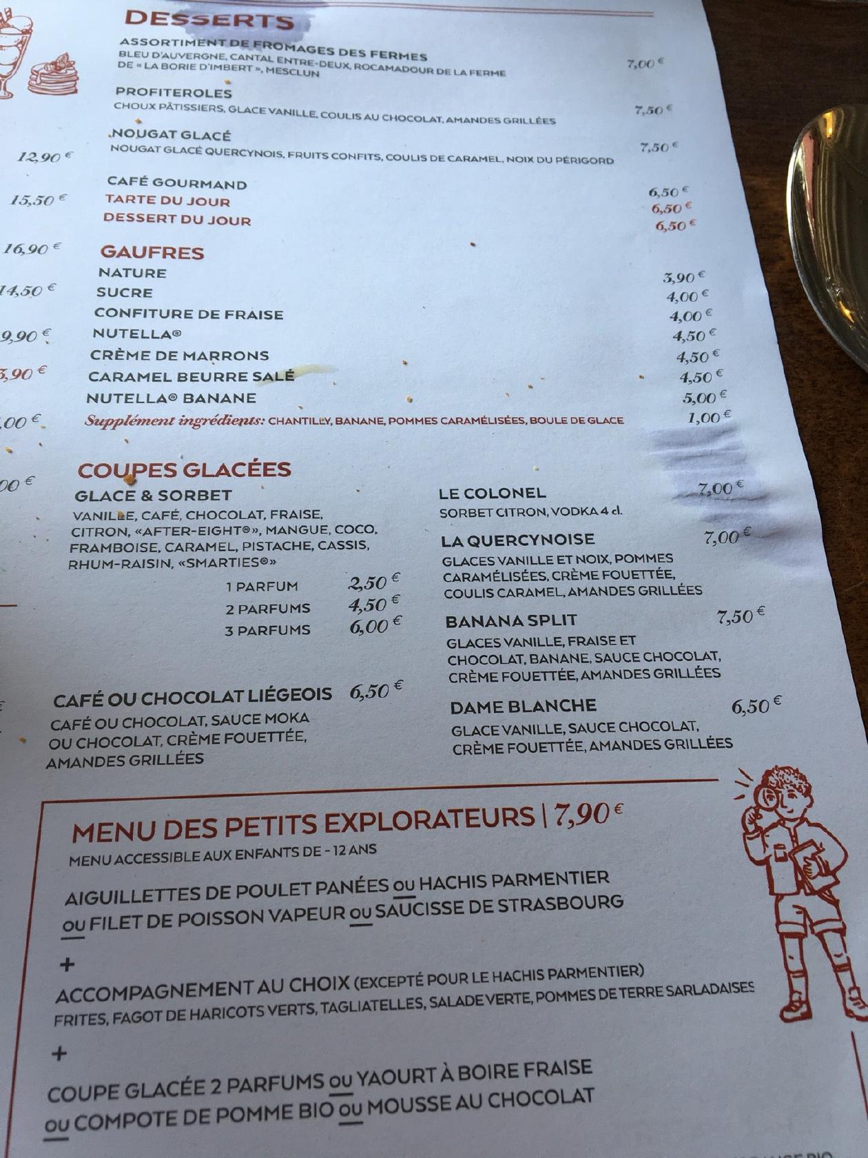 Menu at Auberge du Gouffre restaurant, Padirac