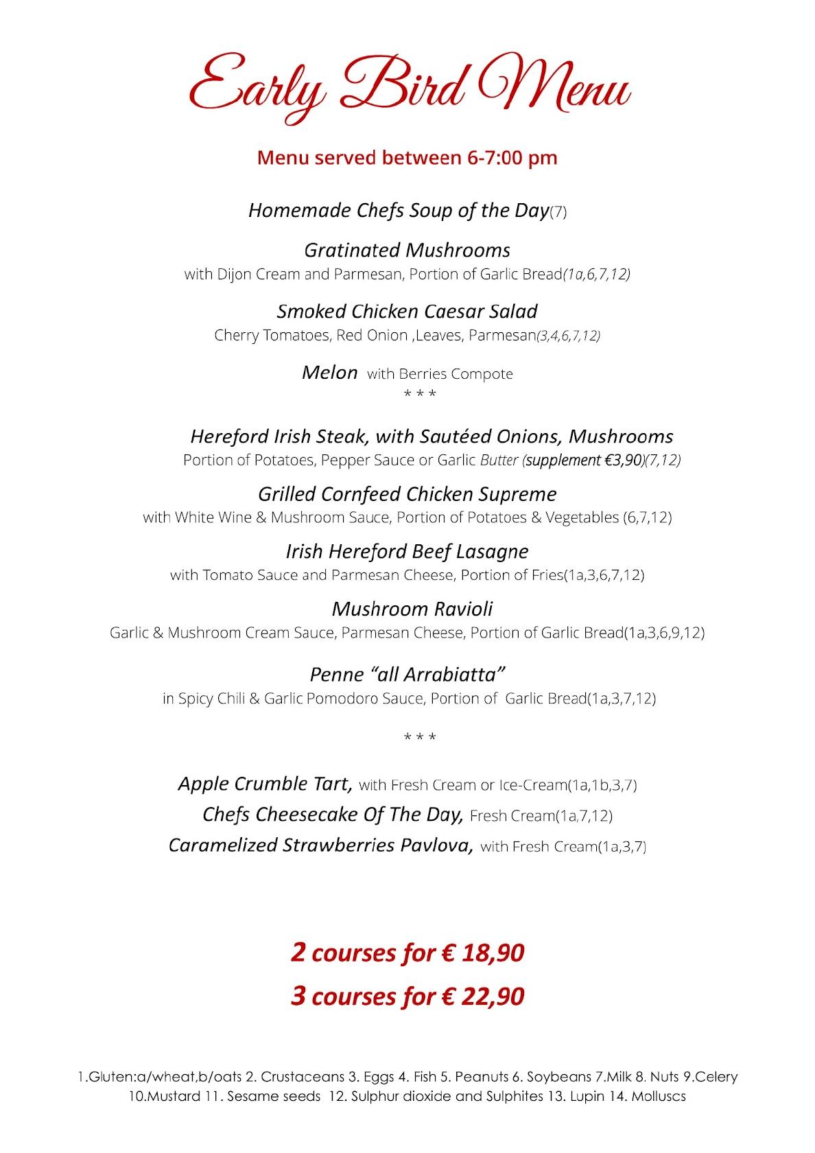 Menu at Cascada Restaurant, Ireland