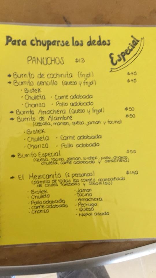 Menu at El Mexicanito restaurant, Ojo de Agua, Calle Flores