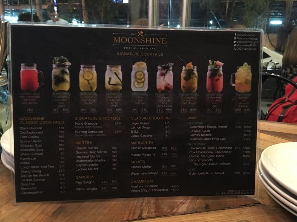 Menu at Moonshine pub & bar, Pasig