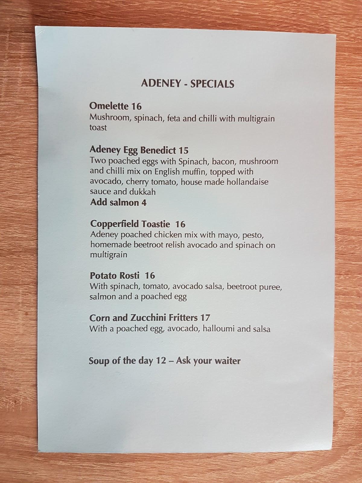 Menu at Adeney Milk Bar Cafe, Kew