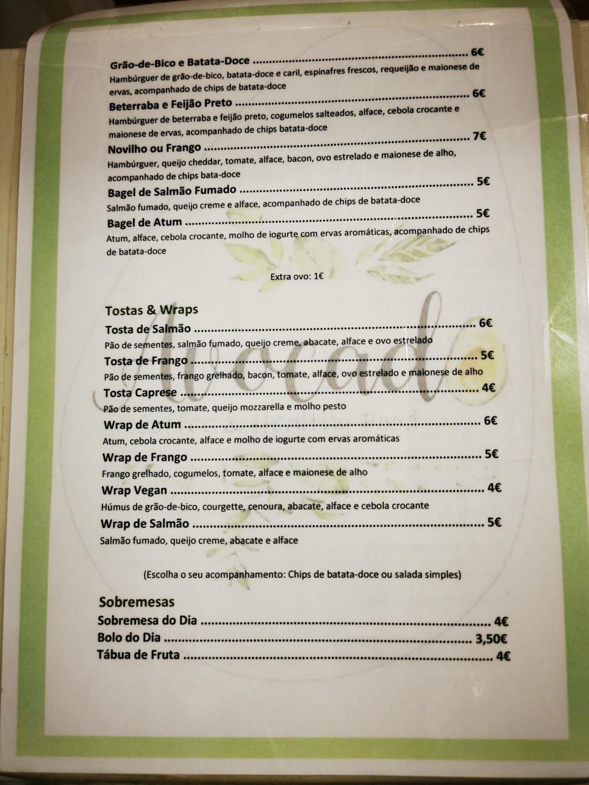 Menu at Avocado Coffee & Healthy Food restaurant, Óbidos Municipality