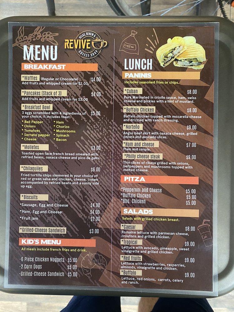 Carta del café Revive Coffee Shop, Eagle Pass