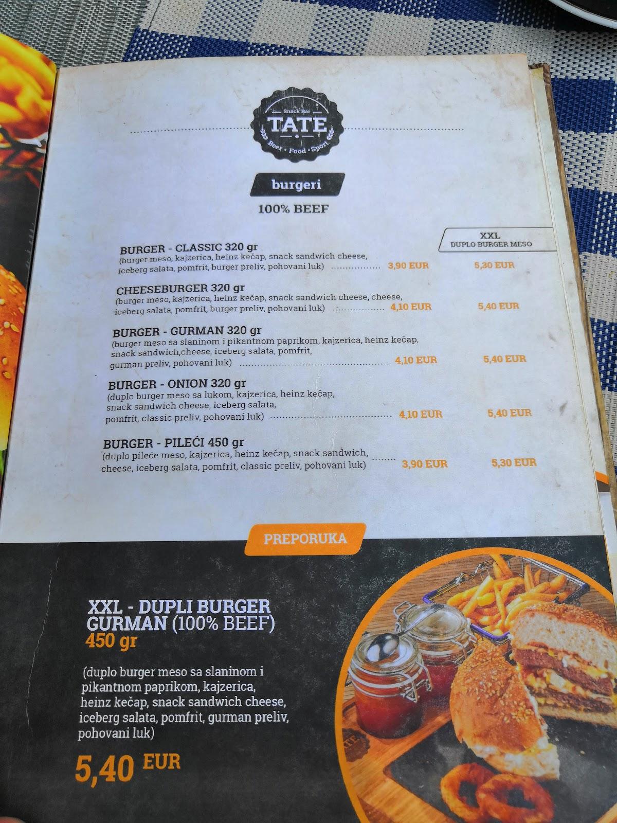 Carta del restaurante Tate Caffe, Budva
