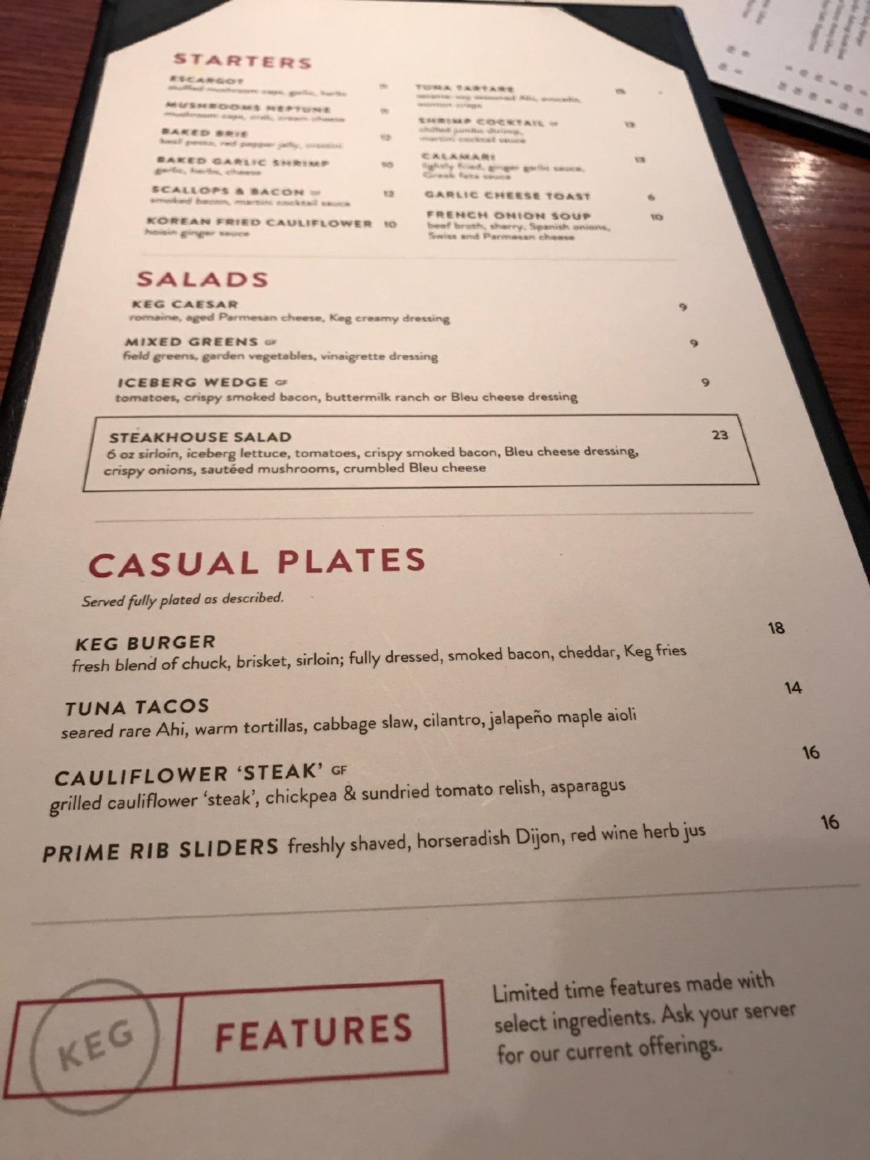Menu au The Keg Steakhouse, Montréal, 25 Rue Saint-Paul E