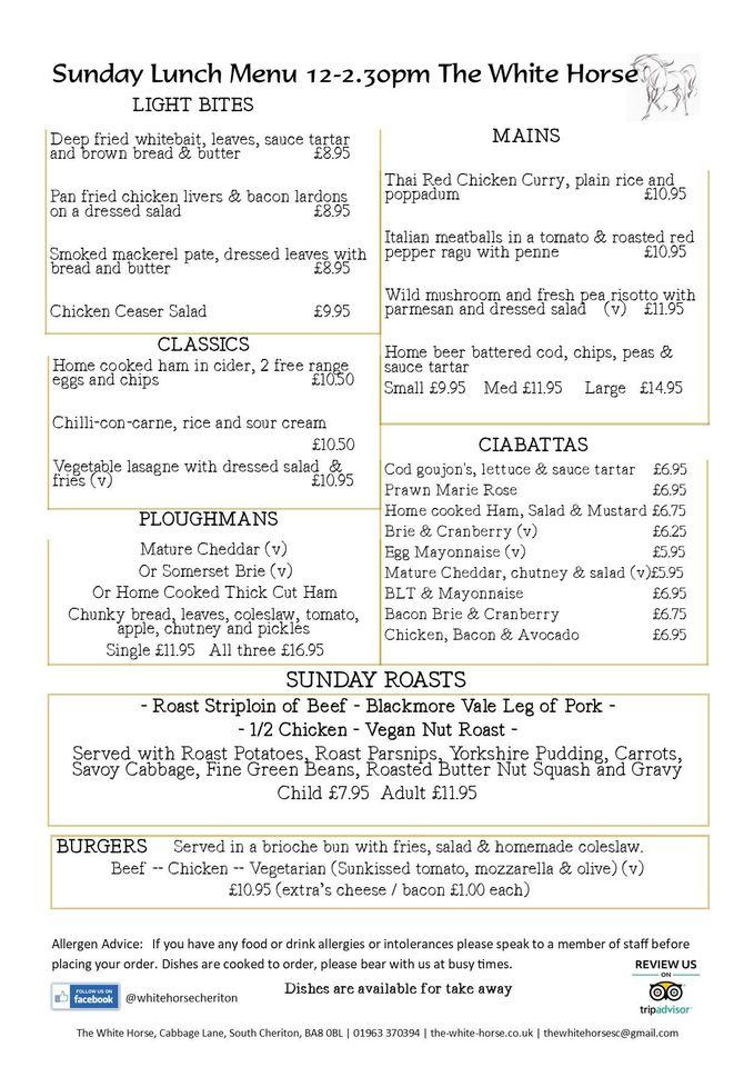 Menu at The White Horse restaurant, Templecombe