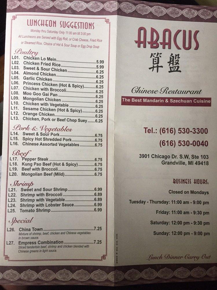Menu at Abacus Chinese Korean Restaurant, Grandville