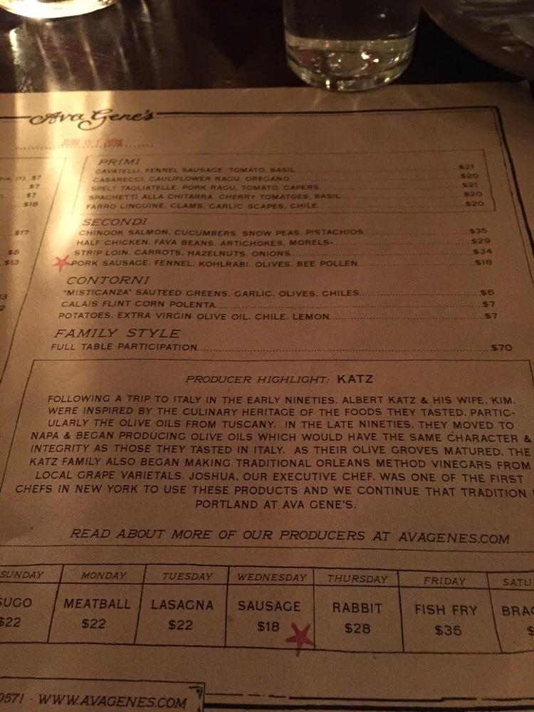Menu at Ava Gene's restaurant, Portland