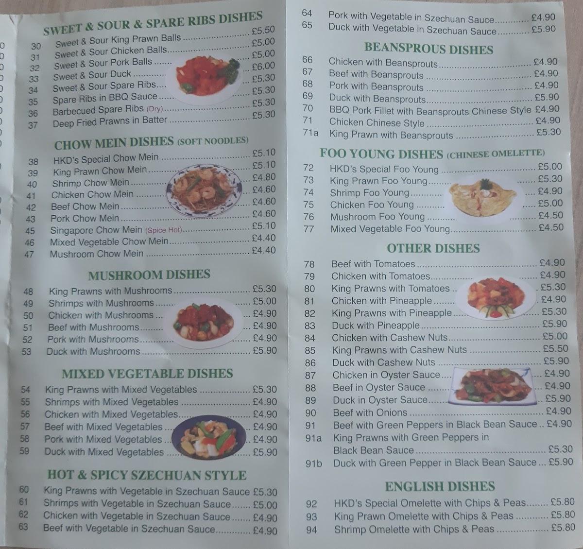 Menu at Hong Kong Diner restaurant, Westward Ho!