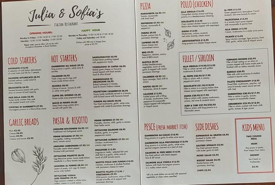 Menu at Julia & Sofia's Italian restaurant, Sedgefield