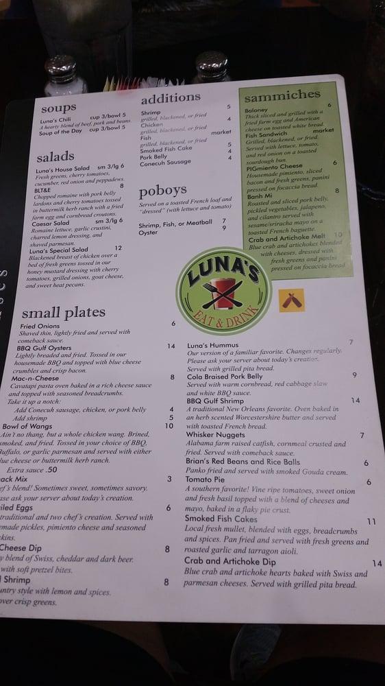 Menu at Luna's Eat & Drink pub & bar, Orange Beach, Canal Rd Suite B