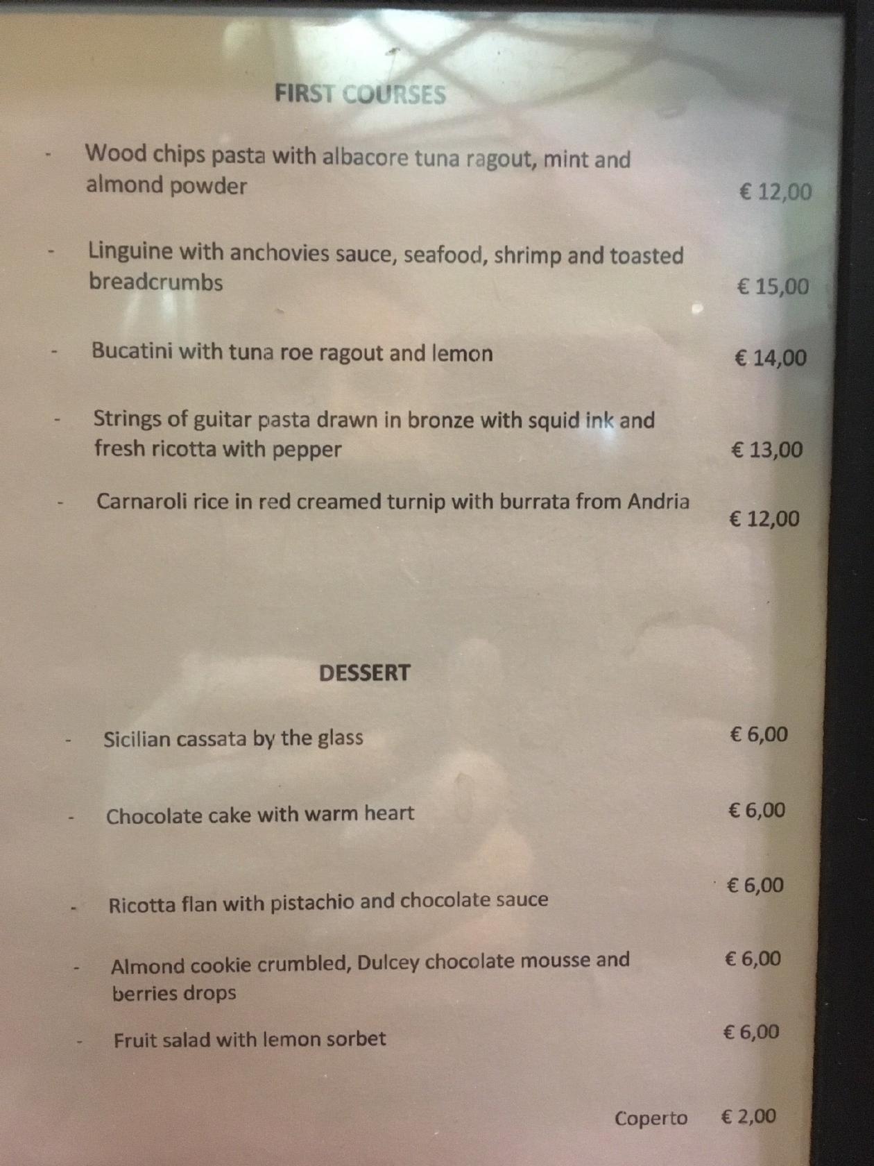 Menu at Sesto Canto restaurant, Palermo