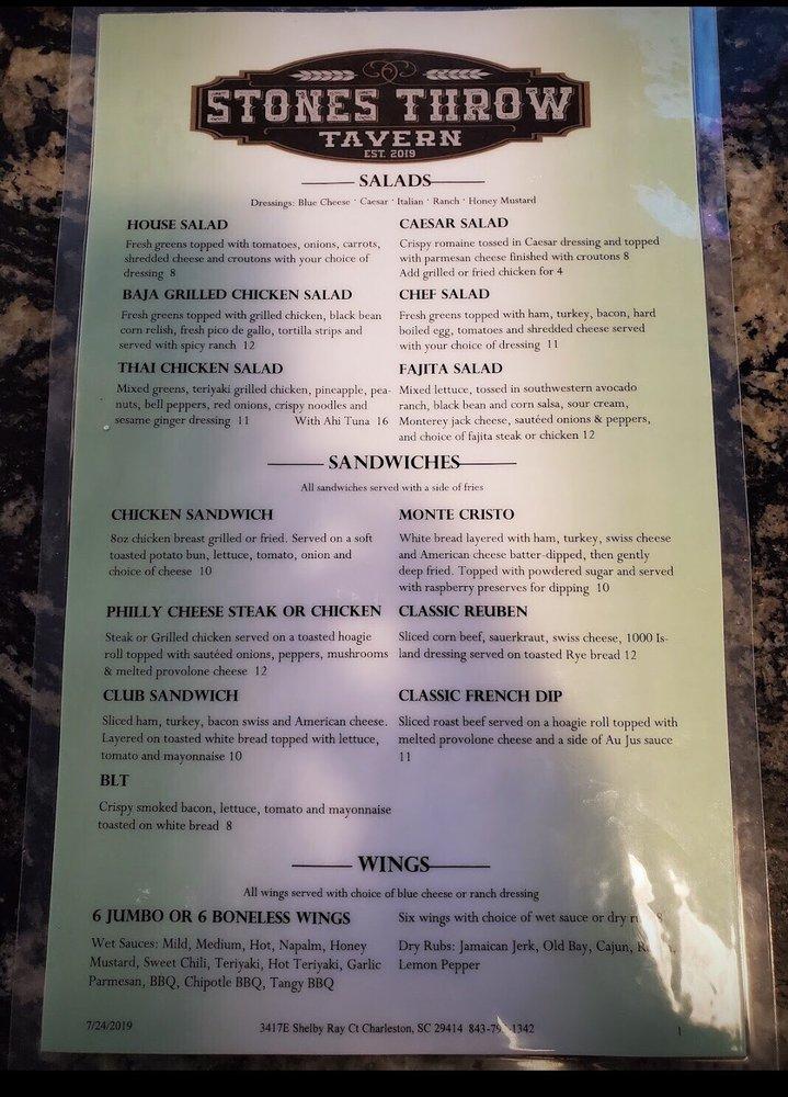 Menu at Stones Throw Tavern pub & bar, Charleston