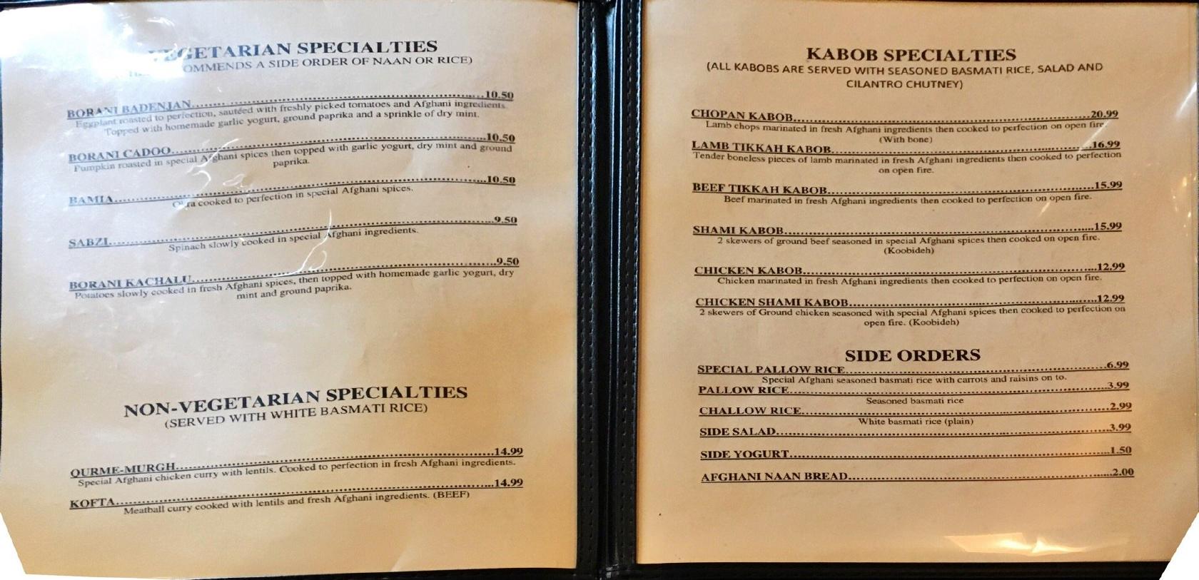 Menu at Afghan Cuisine restaurant, Bellevue