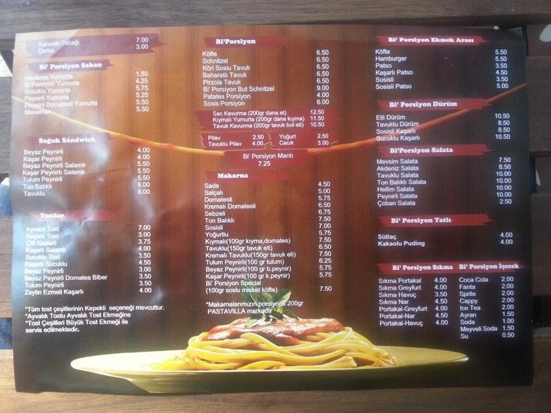 Menu at Bi' Porsiyon, Istanbul