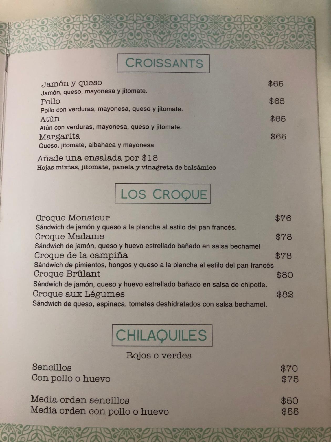 Menu at Mademoiselle Café, Zapopan