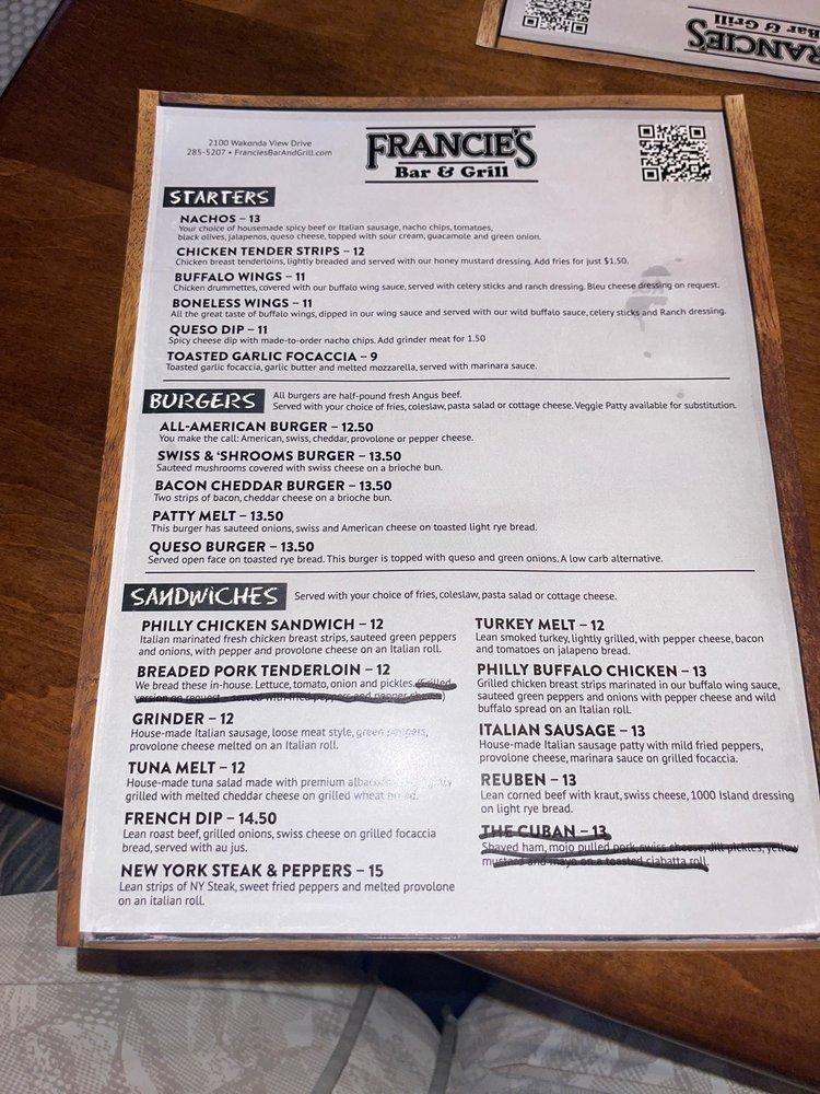 Menu at Francies pub & bar, Des Moines