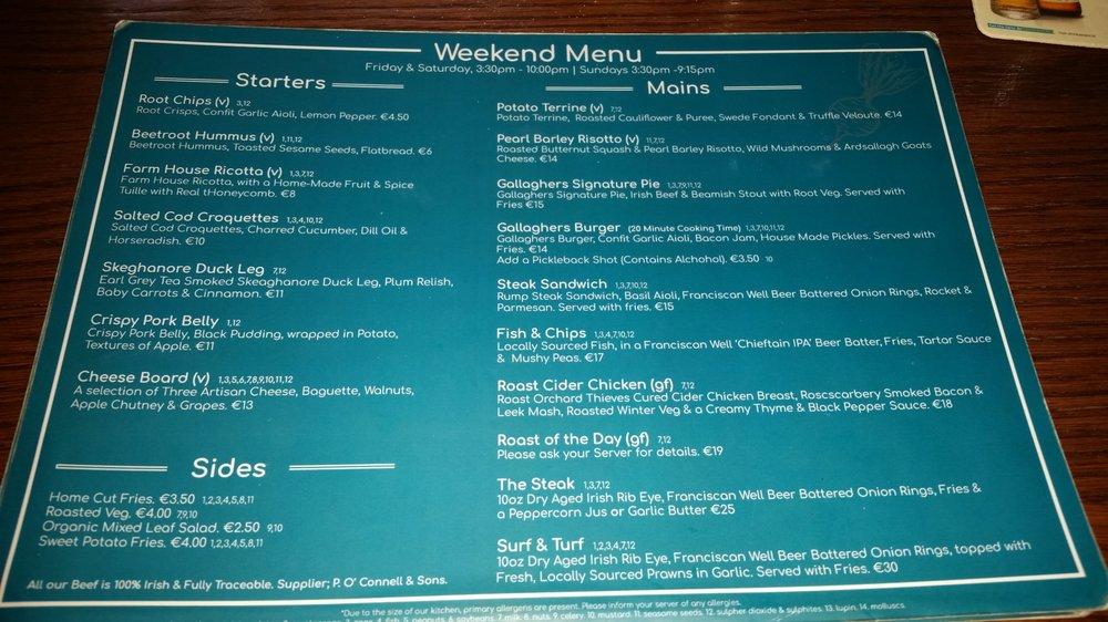 Menu at Gallagher's Gastro Pub, Cork