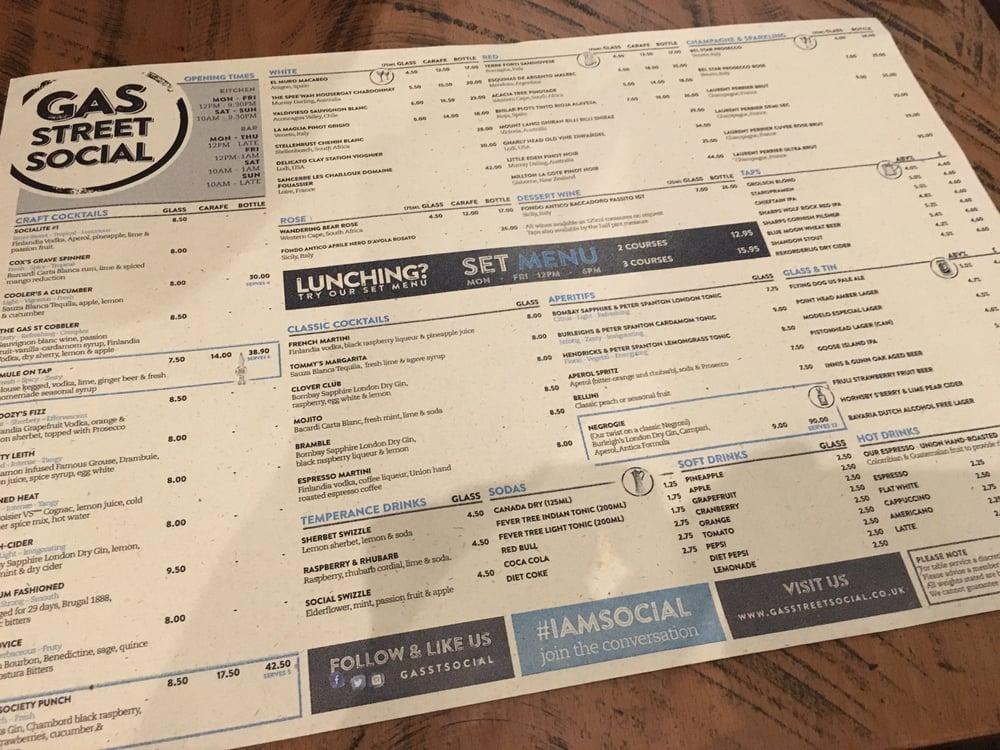 Menu at Gas Street Social pub & bar, Birmingham