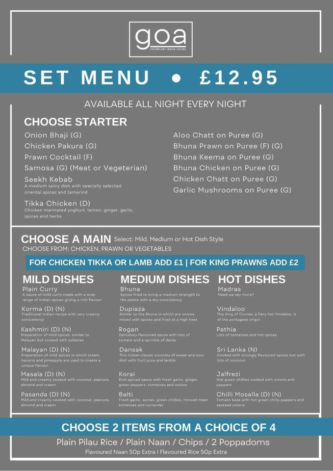 Menu at Goa Exemplary restaurant, Sunderland