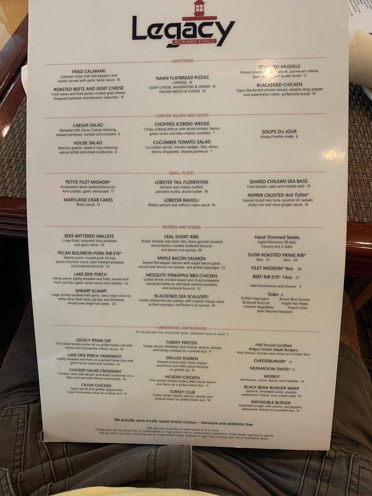 Menu at Legacy Restaurant & Grille, Avon Lake