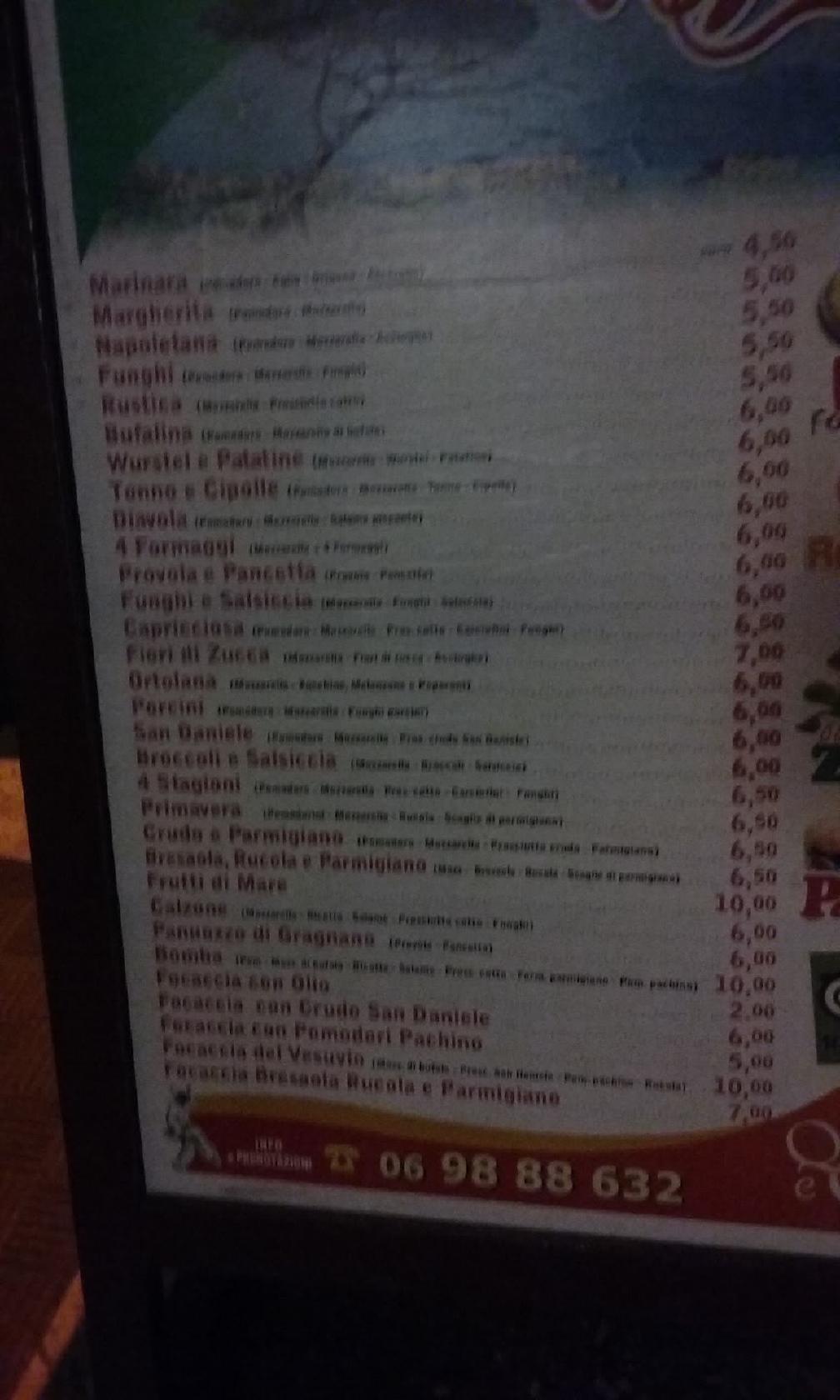 Menu at O' Vesuvio restaurant, Nettuno