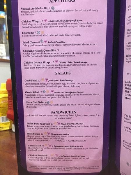 Menu at Skyline Lounge pub & bar, Cypress Gardens