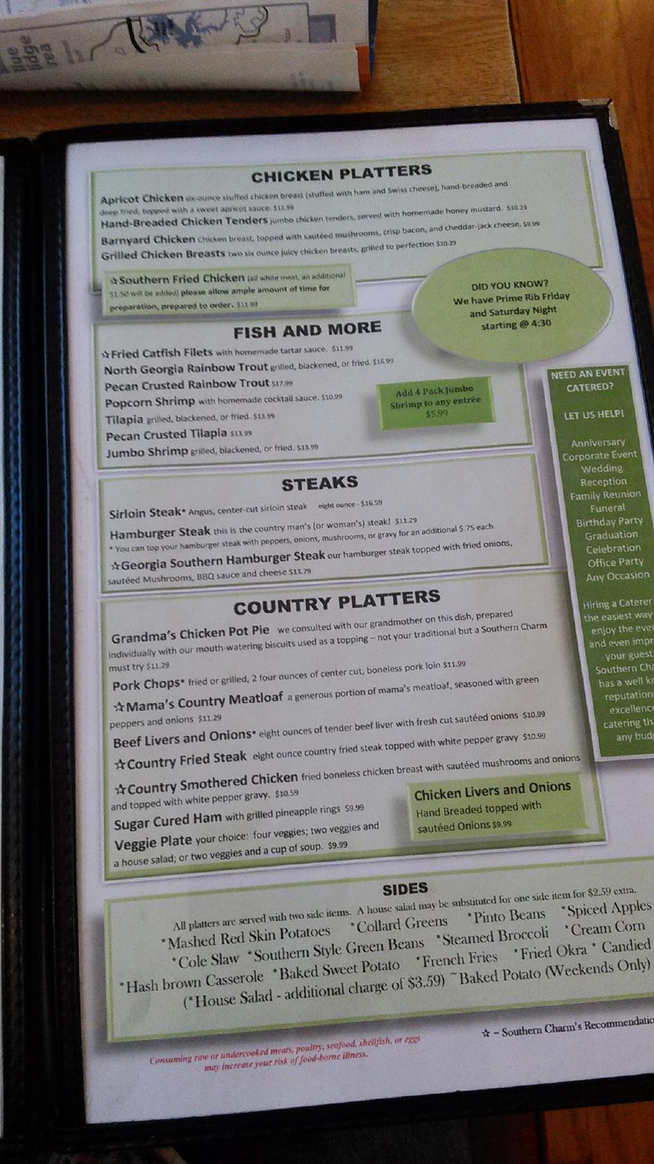 Menu at Southern Charm Restaurant, Blue Ridge
