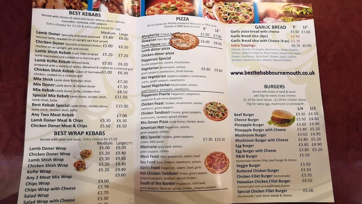 Menu at Best Kebab & Pizza Takeaway fast food, Bournemouth