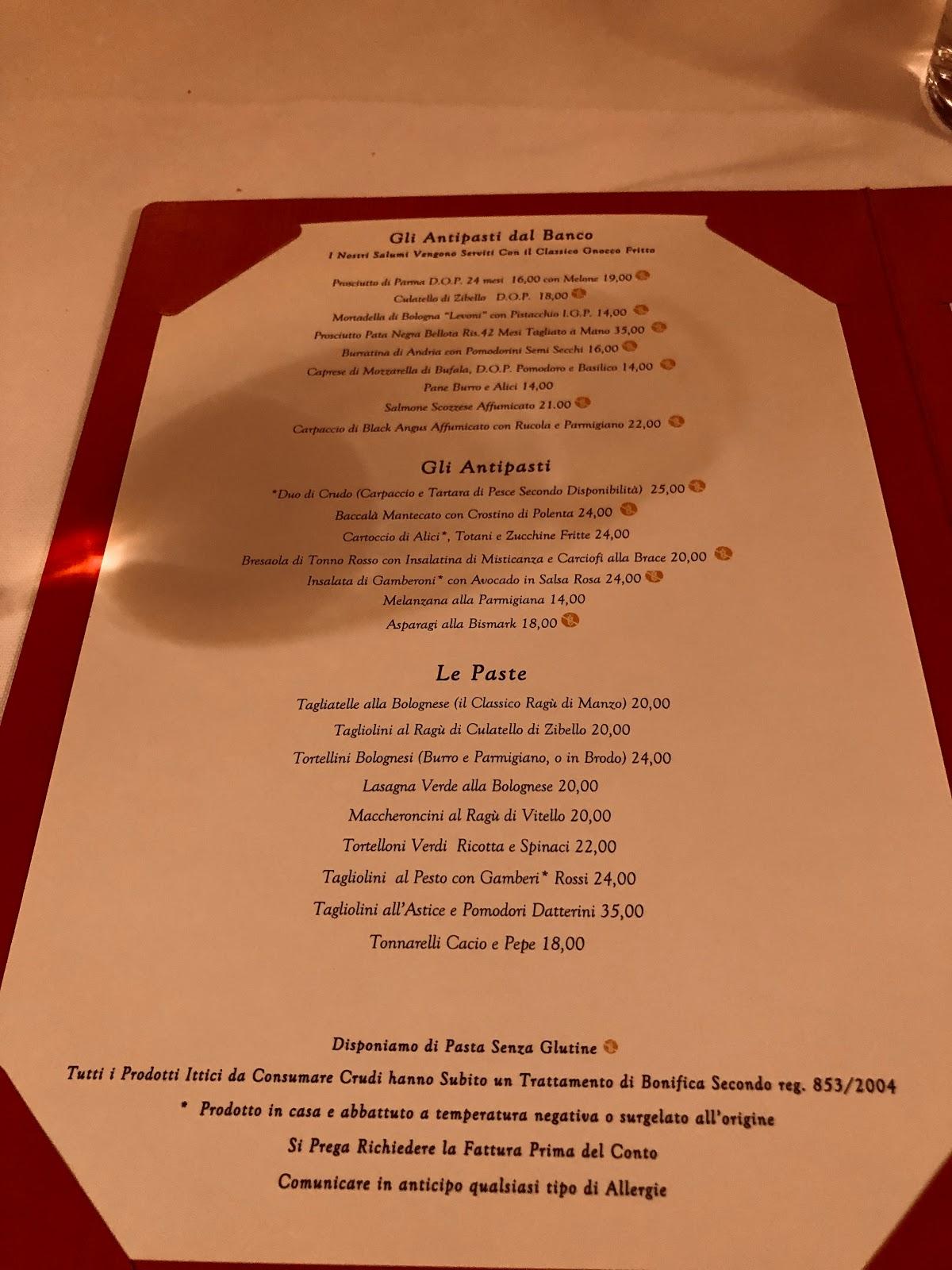 Menu at Dal Bolognese Roma restaurant, Rome