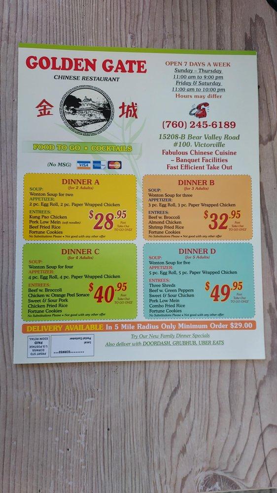 Menu at Golden Gate Chinese Restaurant, Victorville
