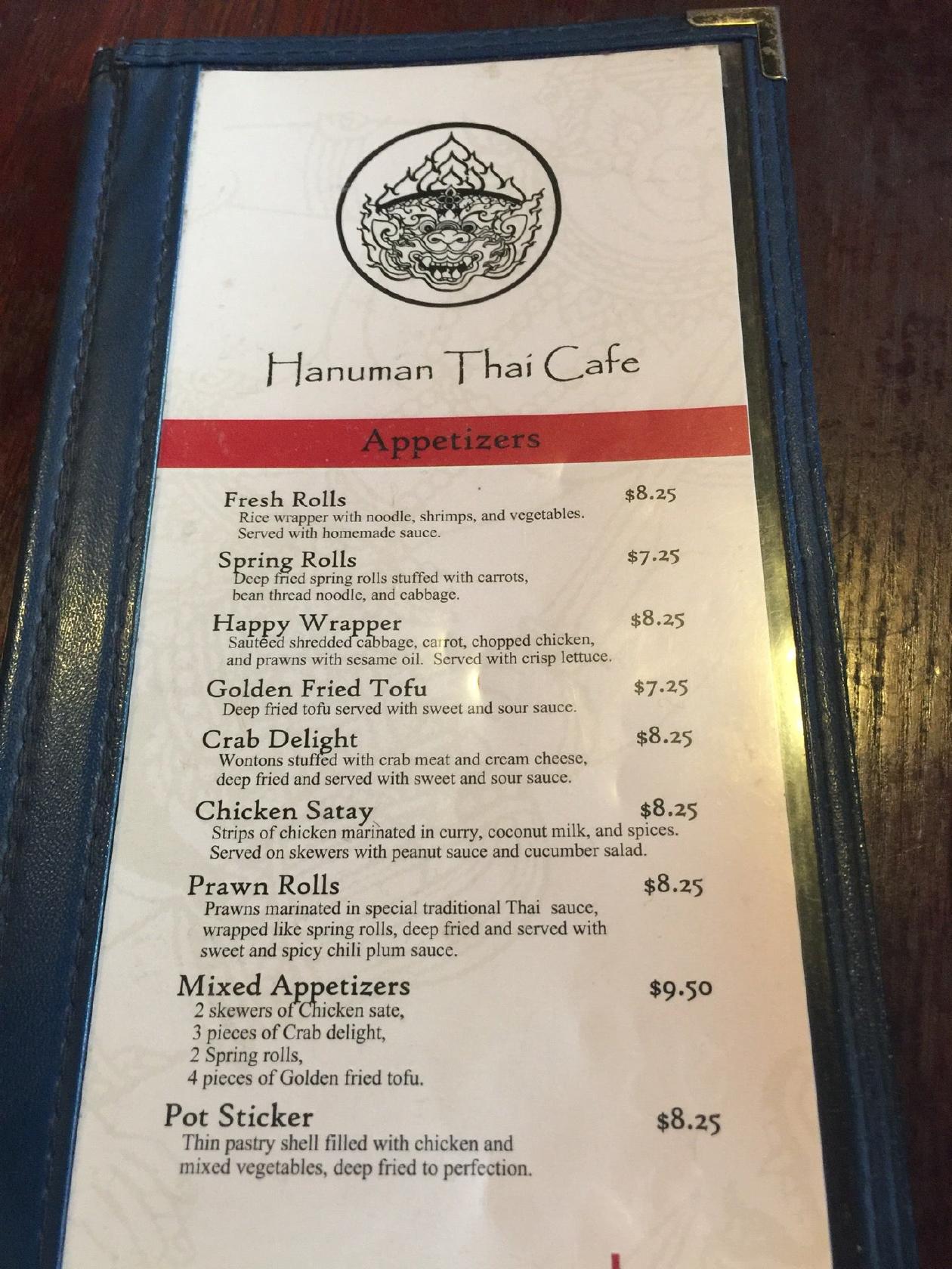 Menu at Hanuman Thai Cafe, Kirkland