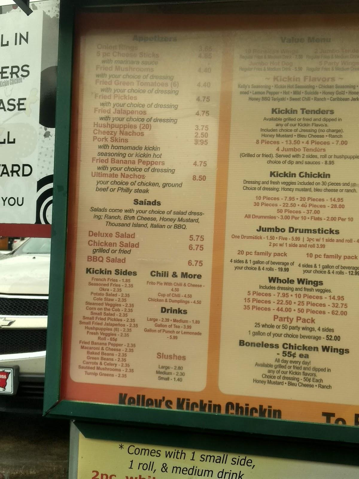 Menu at Kelley's Kickin Chicken restaurant, West Memphis